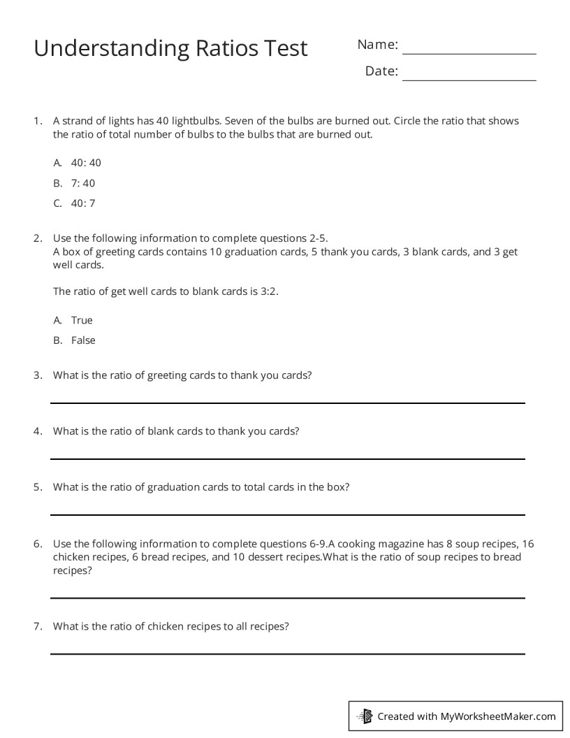 Understanding Ratios Test - My Worksheet Maker: Create Your Own Worksheets