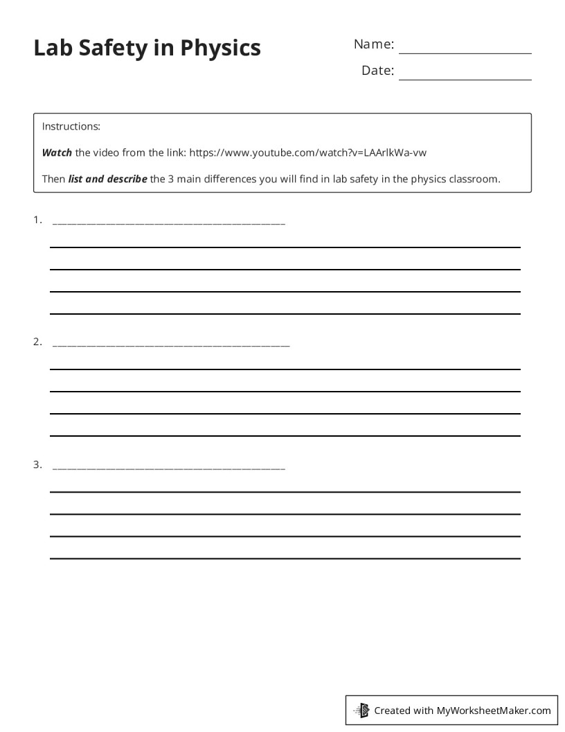 Lab Safety in Physics - My Worksheet Maker: Create Your Own Worksheets