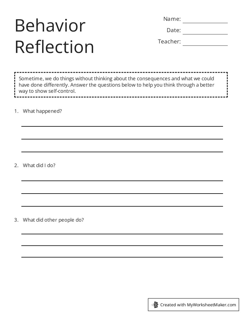 Behavior Reflection - My Worksheet Maker: Create Your Own Worksheets