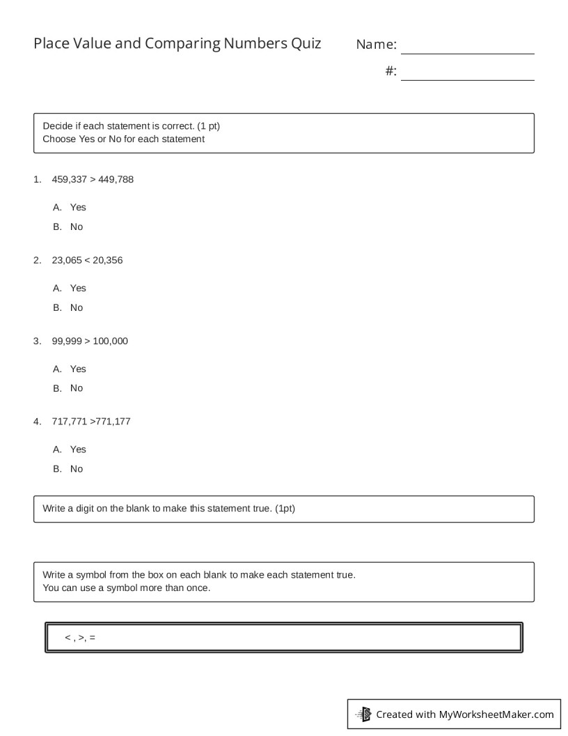 Place Value and Comparing Numbers Quiz - My Worksheet Maker: Create ...