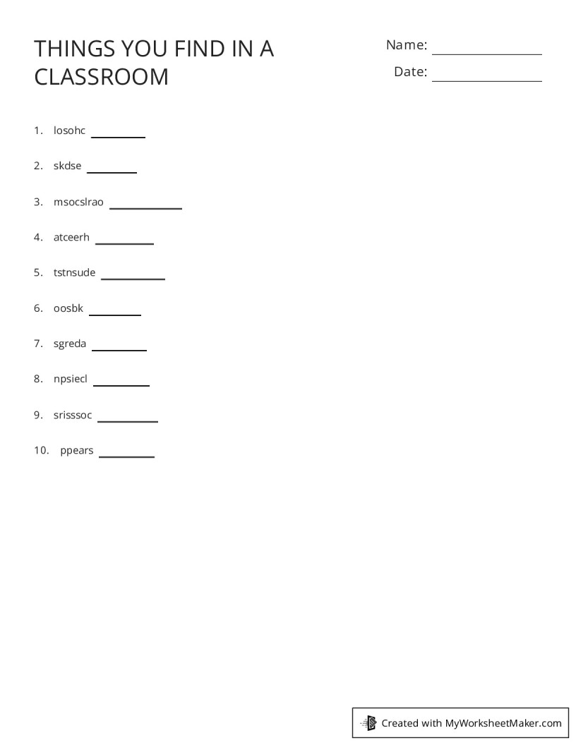 THINGS YOU FIND IN A CLASSROOM - My Worksheet Maker: Create Your Own ...