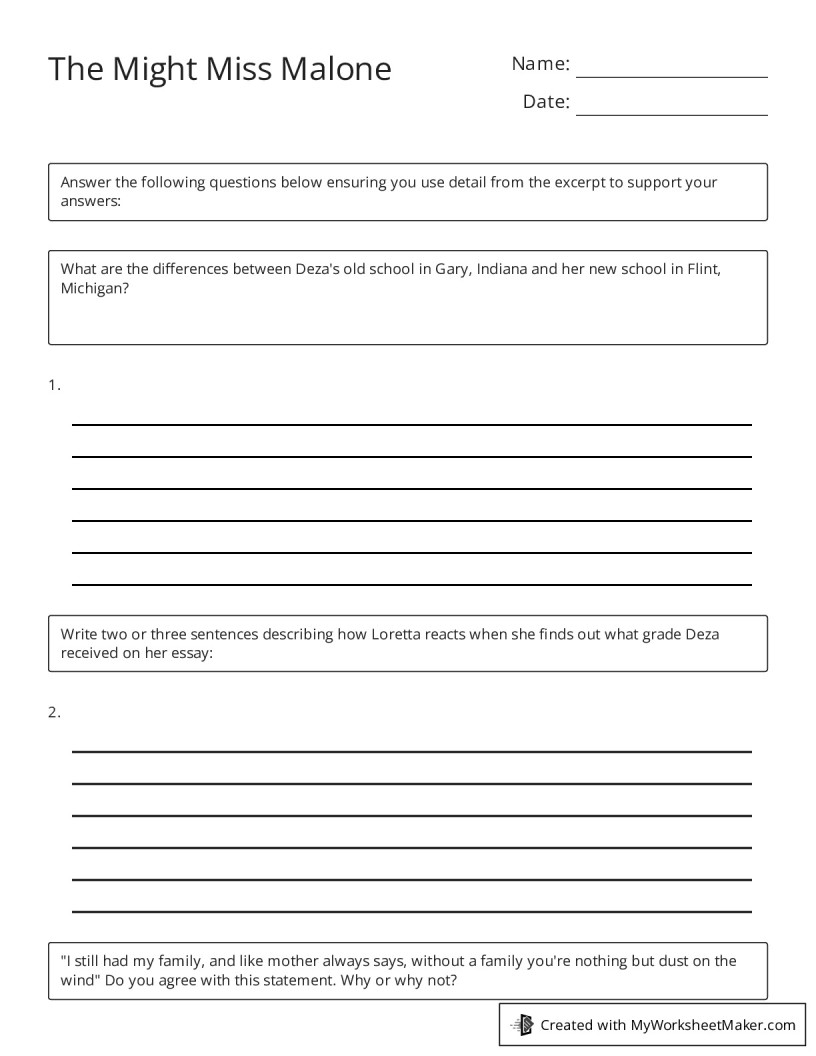 The Might Miss Malone - My Worksheet Maker: Create Your Own Worksheets