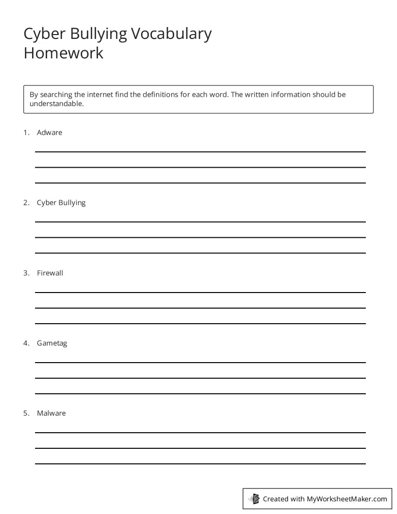 Cyber Bullying VocabularyHomework - My Worksheet Maker: Create Your Own ...