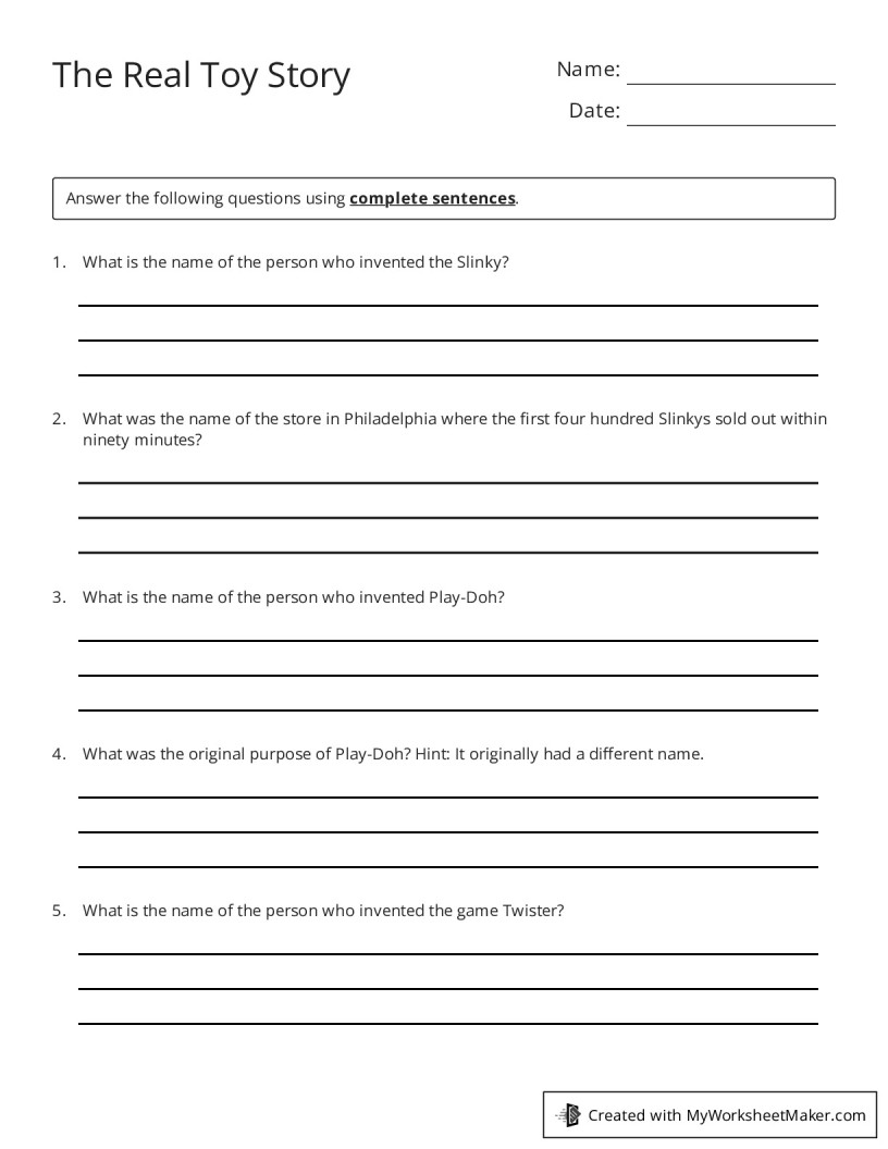 The Real Toy Story - My Worksheet Maker: Create Your Own Worksheets