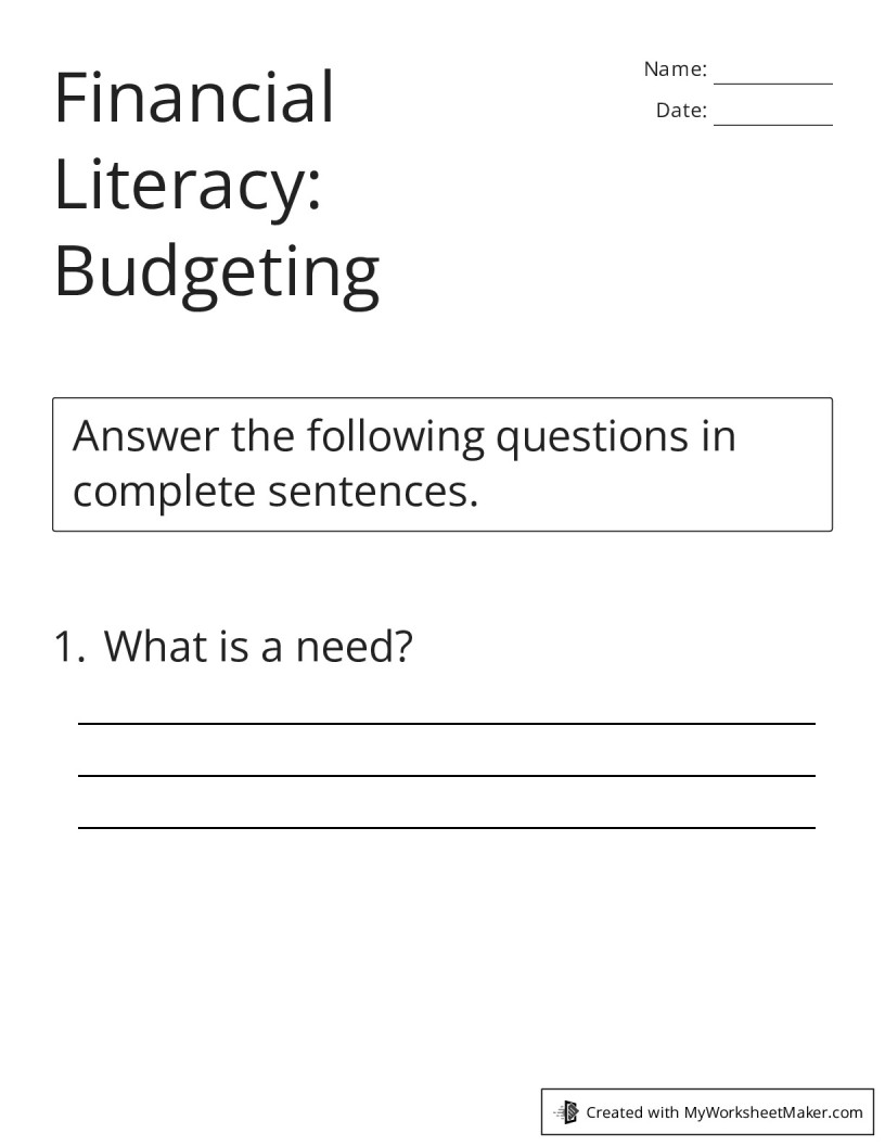 Financial Literacy: Budgeting - My Worksheet Maker: Create Your Own ...