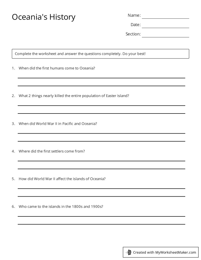 Oceania's History - My Worksheet Maker: Create Your Own Worksheets