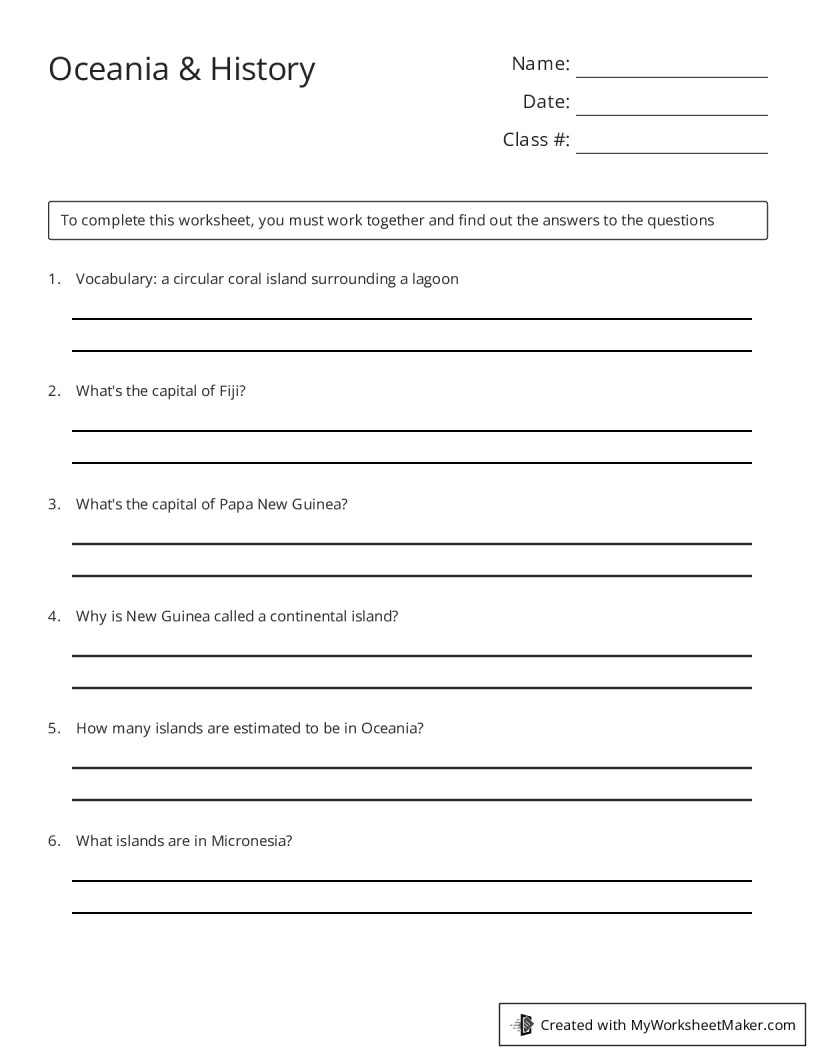 Oceania & History - My Worksheet Maker: Create Your Own Worksheets