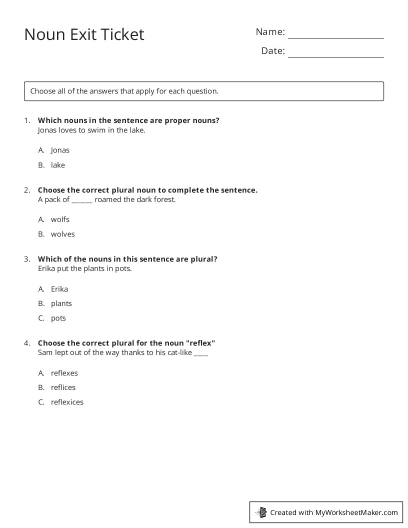Noun Exit Ticket - My Worksheet Maker: Create Your Own Worksheets