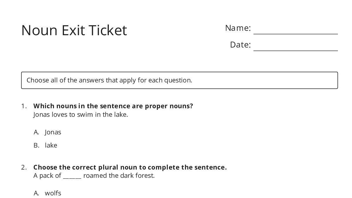 Noun Exit Ticket - My Worksheet Maker: Create Your Own Worksheets
