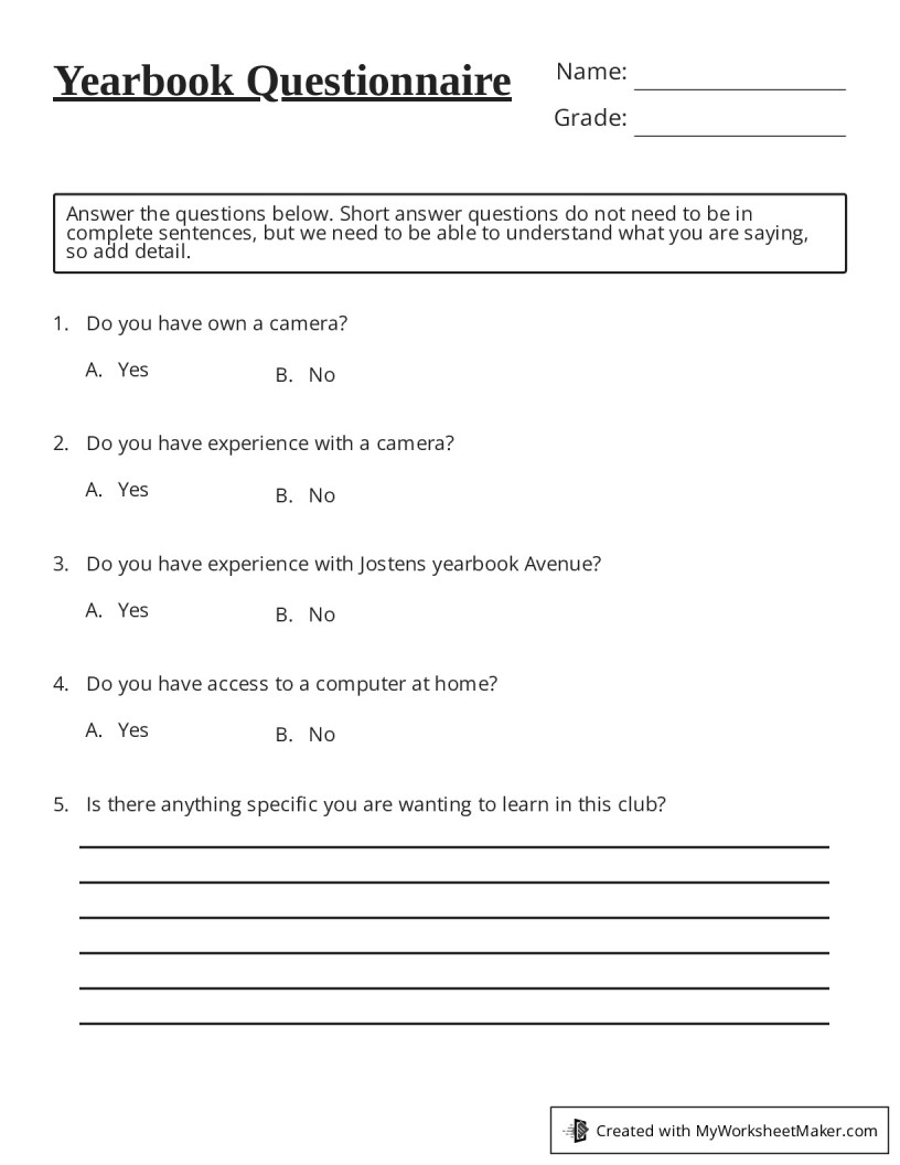 Yearbook Questionnaire - My Worksheet Maker: Create Your Own Worksheets