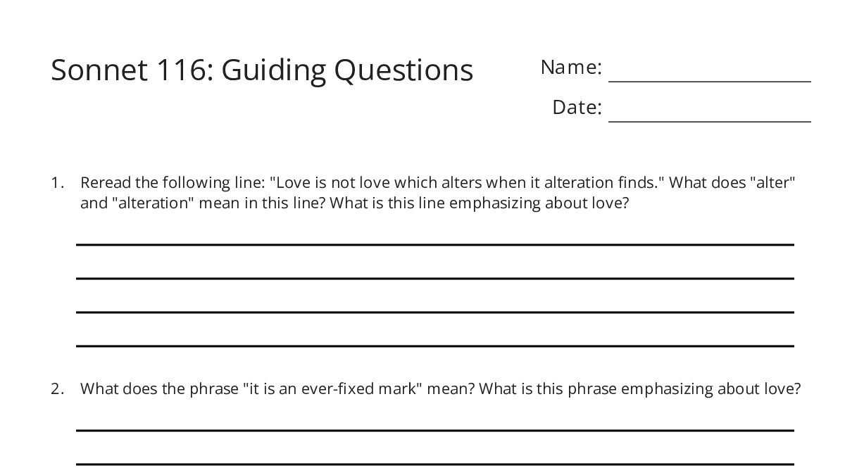Sonnet 116: Guiding Questions - My Worksheet Maker: Create Your Own ...