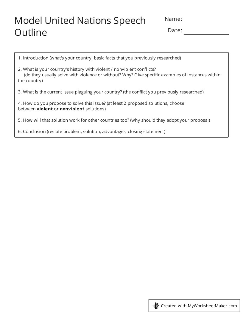 Model United Nations Speech Outline - My Worksheet Maker: Create Your ...