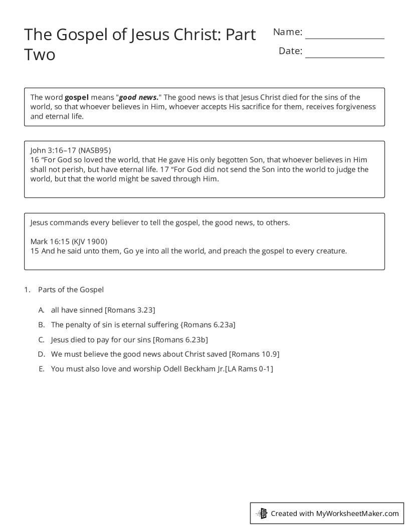 The Gospel of Jesus Christ: Part Two - My Worksheet Maker: Create Your ...