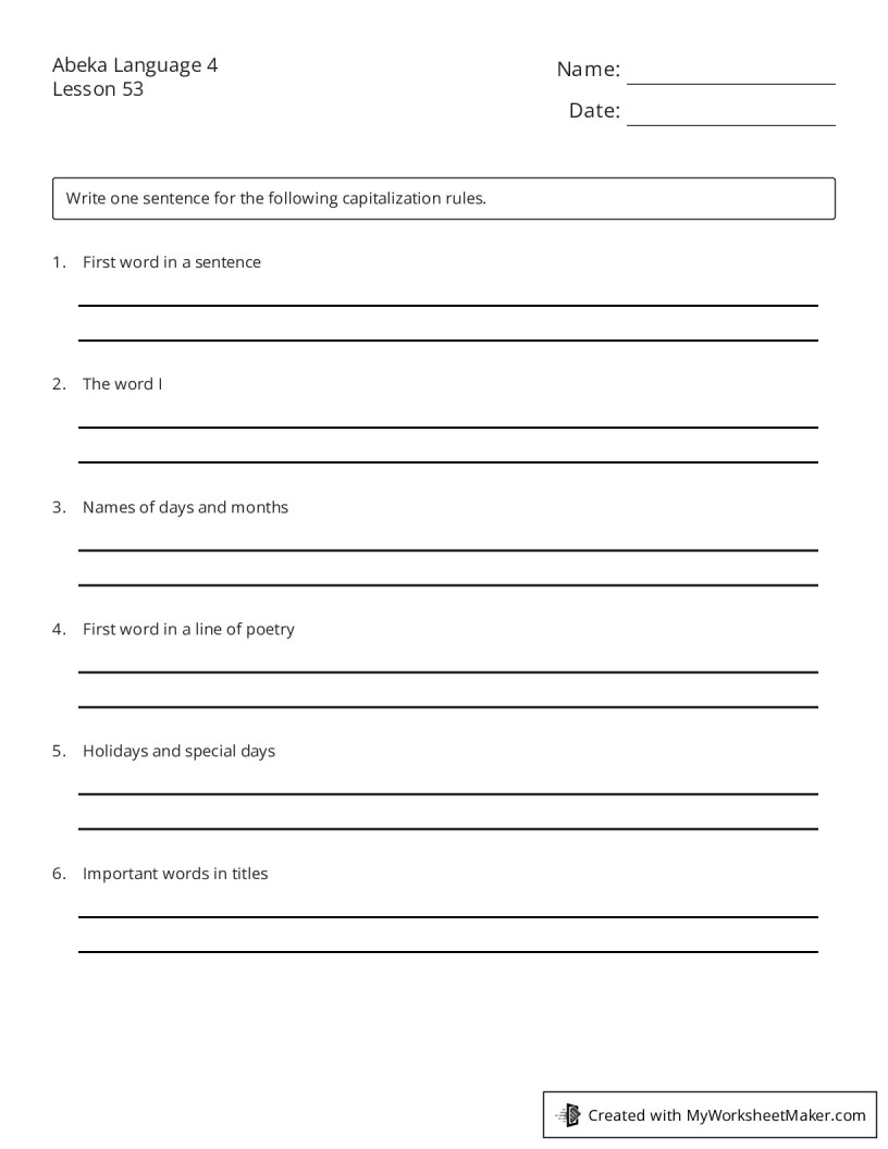 Abeka Language 4 Lesson 53 - My Worksheet Maker: Create Your Own Worksheets