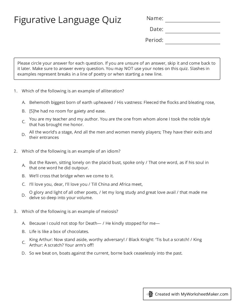 Figurative Language Quiz - My Worksheet Maker: Create Your Own Worksheets