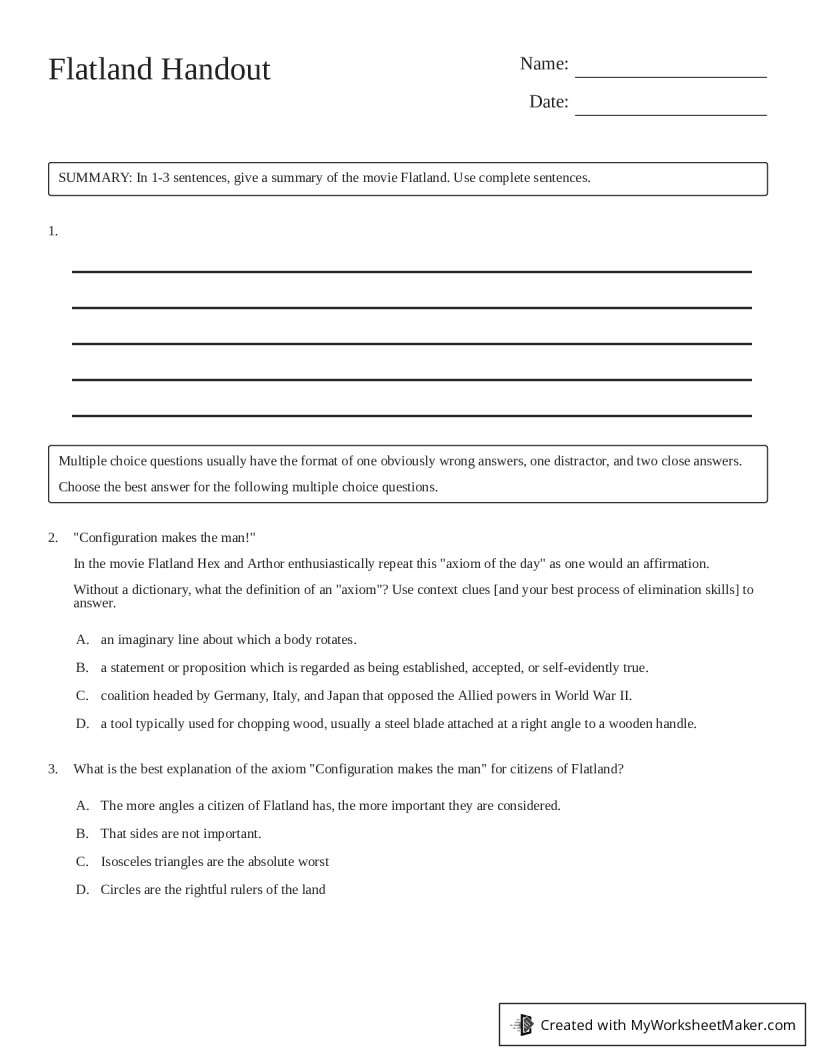 Flatland Handout - My Worksheet Maker: Create Your Own Worksheets