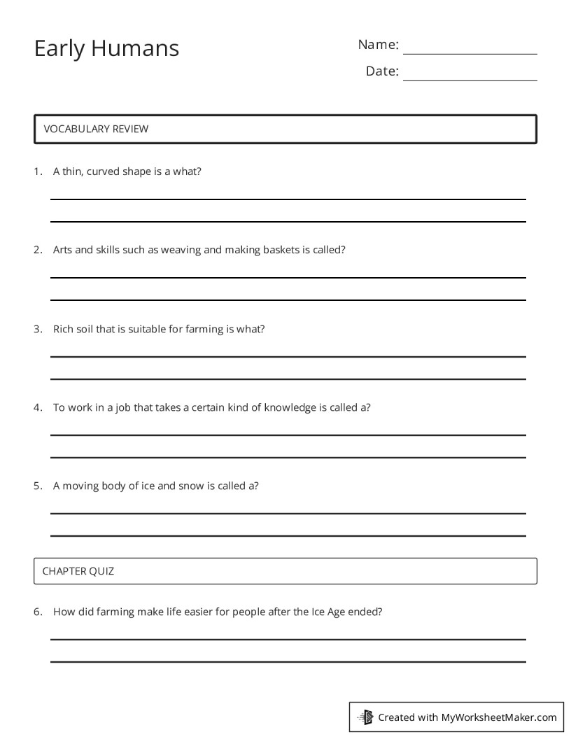 Early Humans - My Worksheet Maker: Create Your Own Worksheets