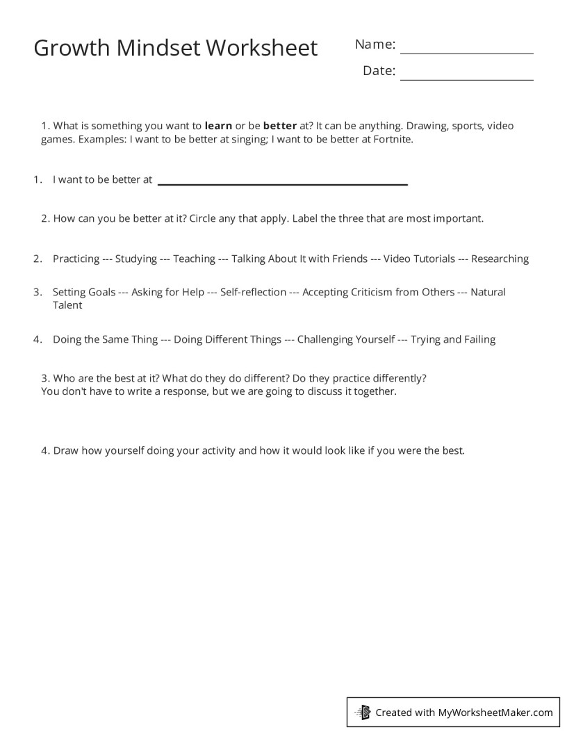 Growth Mindset Worksheet - My Worksheet Maker: Create Your Own Worksheets