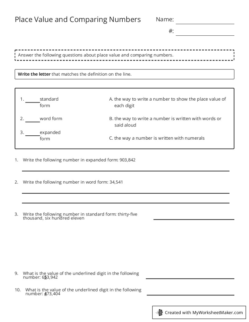 Place Value and Comparing Numbers - My Worksheet Maker: Create Your Own ...
