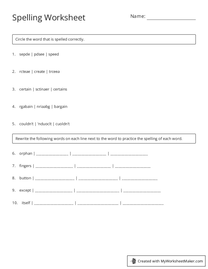 Spelling Worksheet - My Worksheet Maker: Create Your Own Worksheets