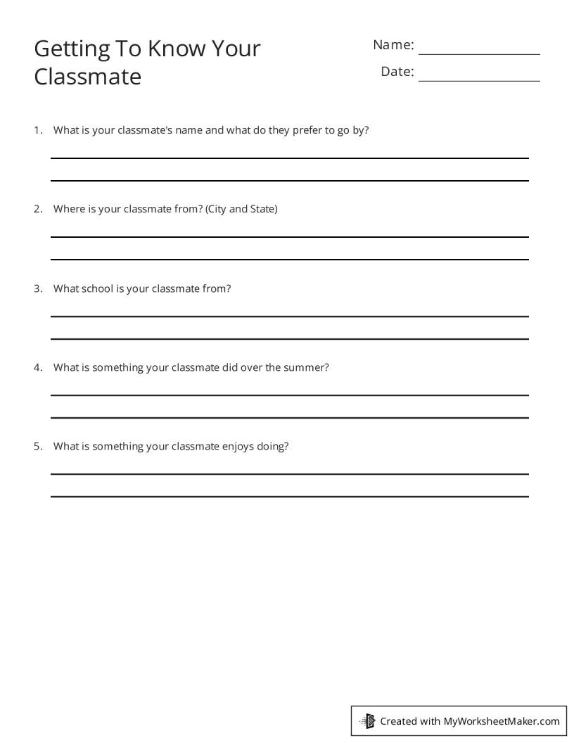 Getting To Know Your Classmate - My Worksheet Maker: Create Your Own ...