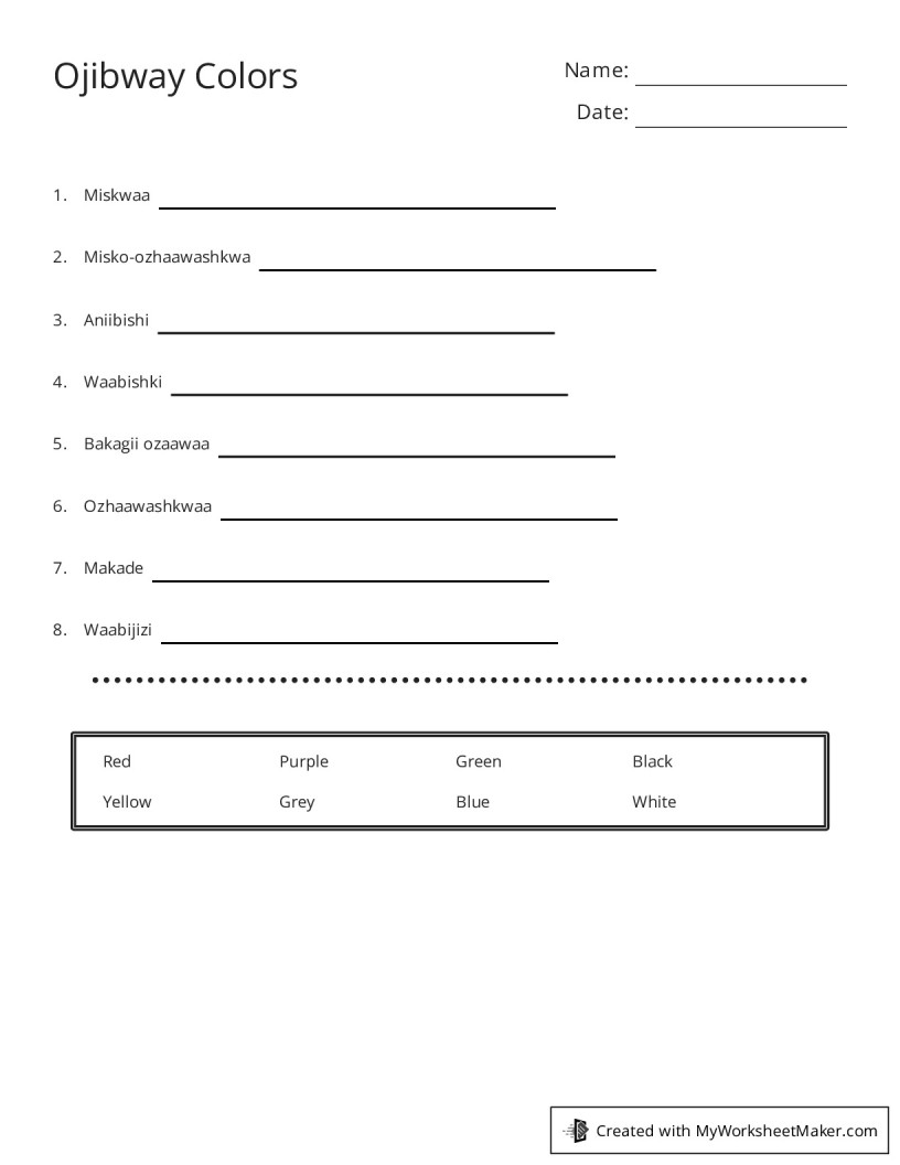 Ojibway Colors - My Worksheet Maker: Create Your Own Worksheets