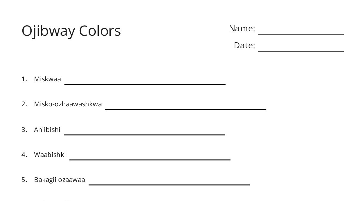 Ojibway Colors - My Worksheet Maker: Create Your Own Worksheets