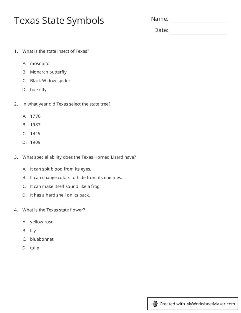 Texas State Symbols - My Worksheet Maker: Create Your Own Worksheets
