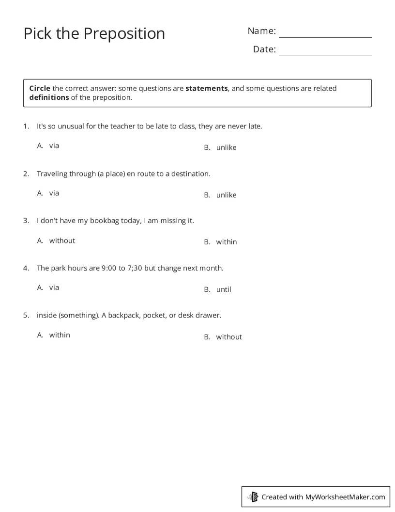 Pick the Preposition - My Worksheet Maker: Create Your Own Worksheets