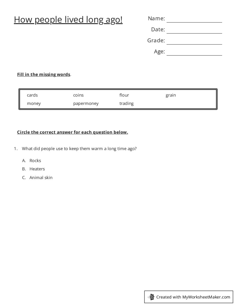How people lived long ago!﻿﻿﻿﻿﻿﻿﻿﻿ - My Worksheet Maker: Create Your ...
