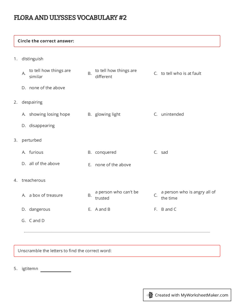 FLORA AND ULYSSES VOCABULARY #2﻿﻿﻿﻿﻿﻿﻿﻿ - My Worksheet Maker: Create ...