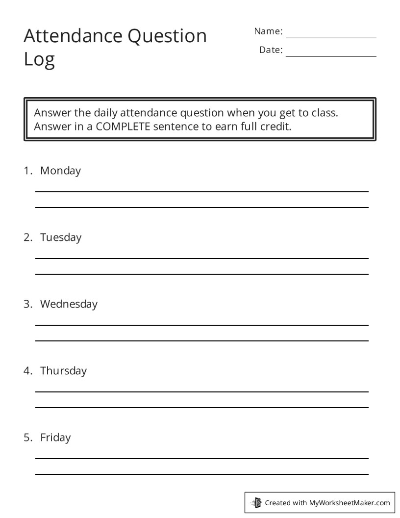 Attendance Question Log - My Worksheet Maker: Create Your Own Worksheets