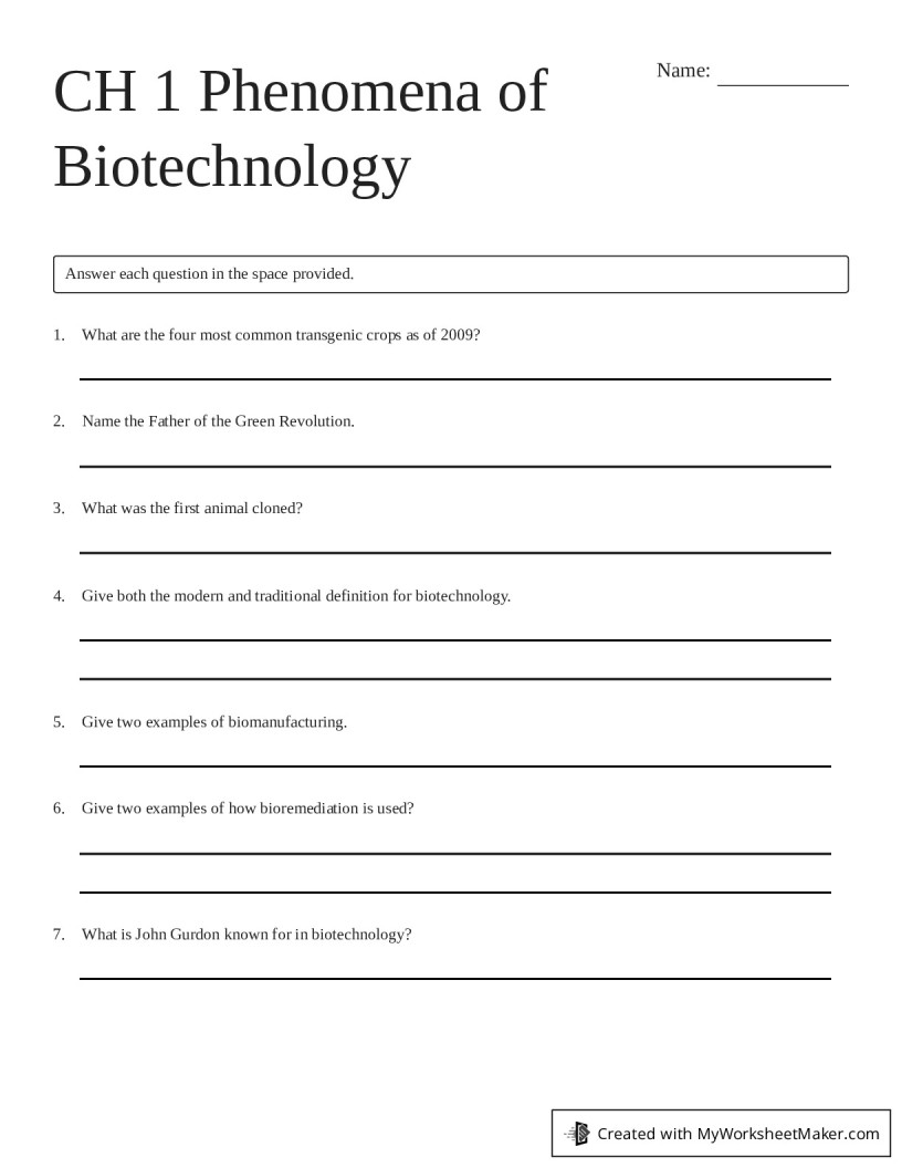CH 1 Phenomena of Biotechnology - My Worksheet Maker: Create Your Own ...