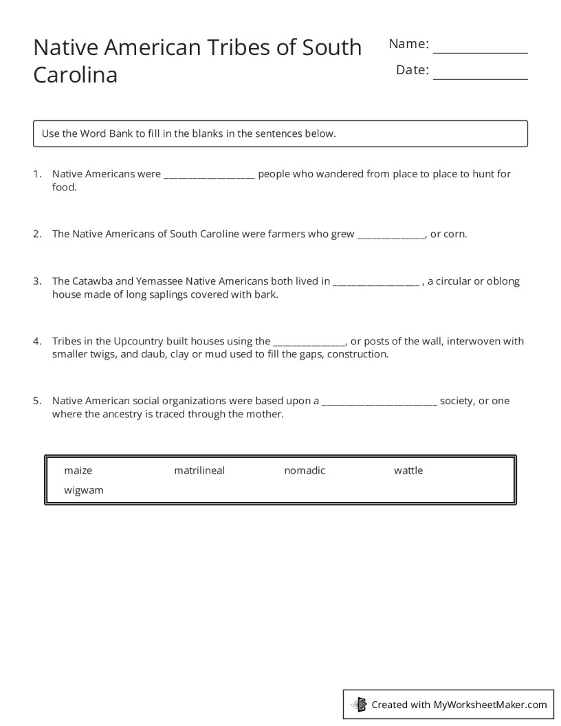 Native American Tribes of South Carolina - My Worksheet Maker: Create ...