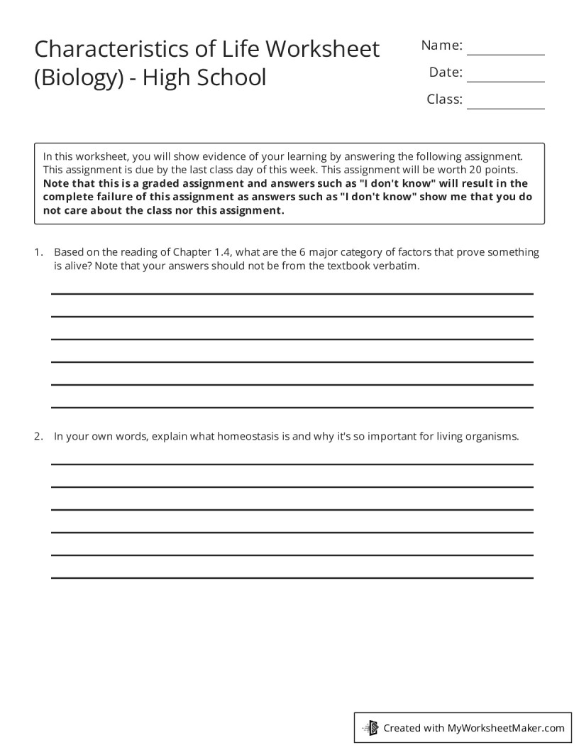 Characteristics of Life Worksheet (Biology) - High School - My ...
