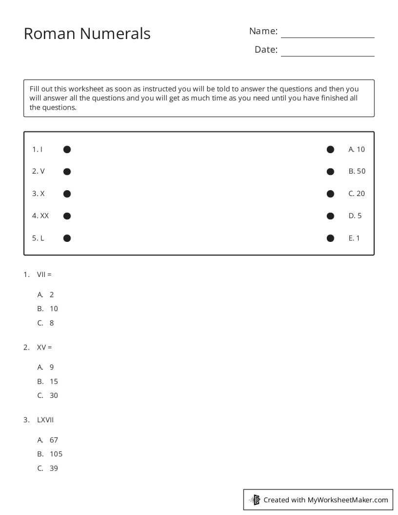 Roman Numerals - My Worksheet Maker: Create Your Own Worksheets
