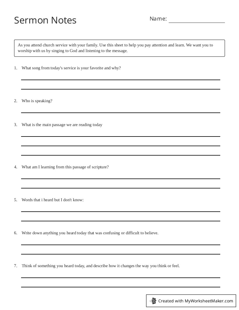 Sermon Notes - My Worksheet Maker: Create Your Own Worksheets