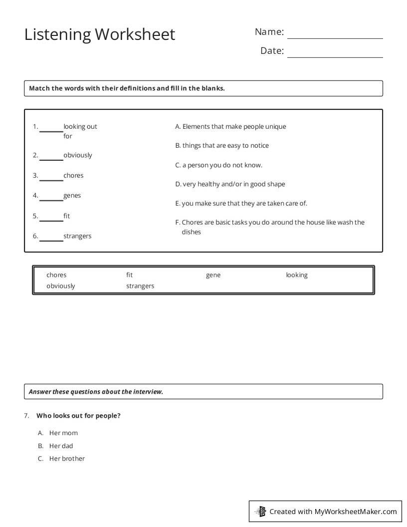 Listening Worksheet - My Worksheet Maker: Create Your Own Worksheets