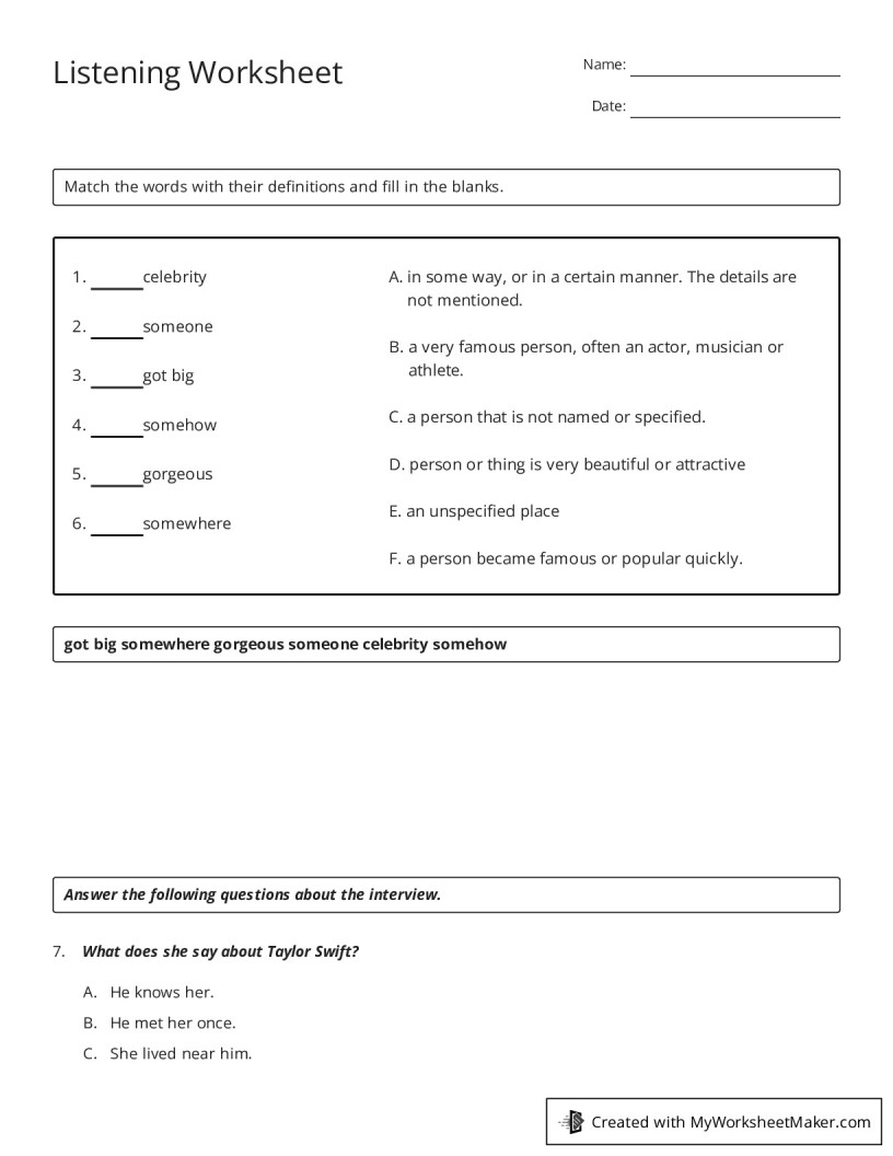 Listening Worksheet - My Worksheet Maker: Create Your Own Worksheets