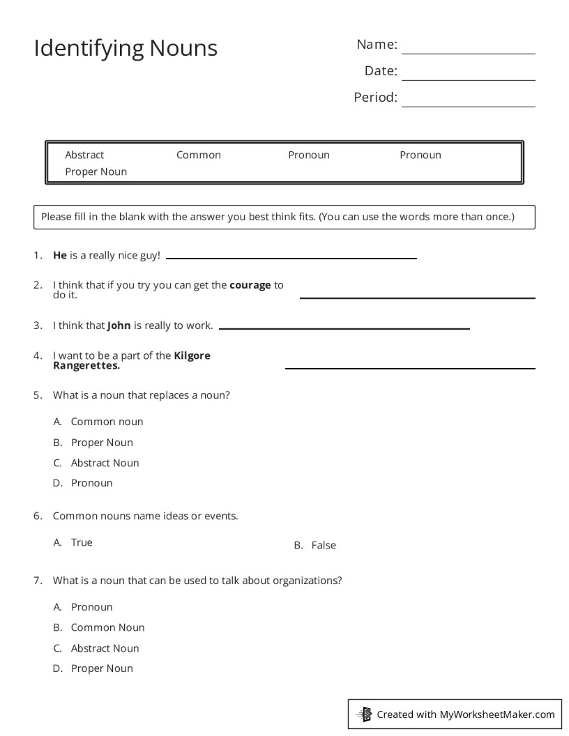 Identify The Nouns Game Printable