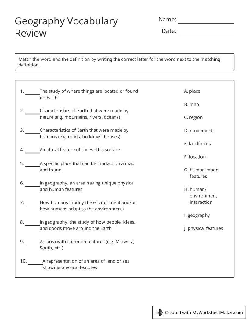Geography Vocabulary Review - My Worksheet Maker: Create Your Own ...