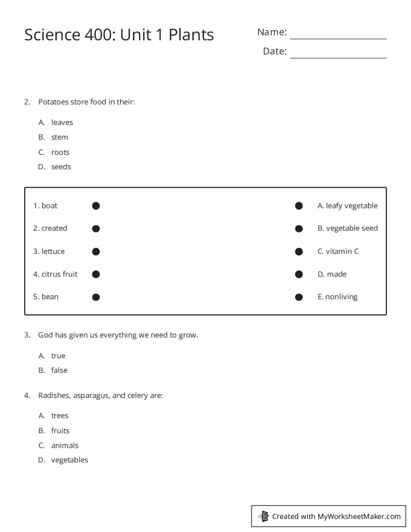 Science 400: Unit 1 Plants - My Worksheet Maker: Create Your Own Worksheets