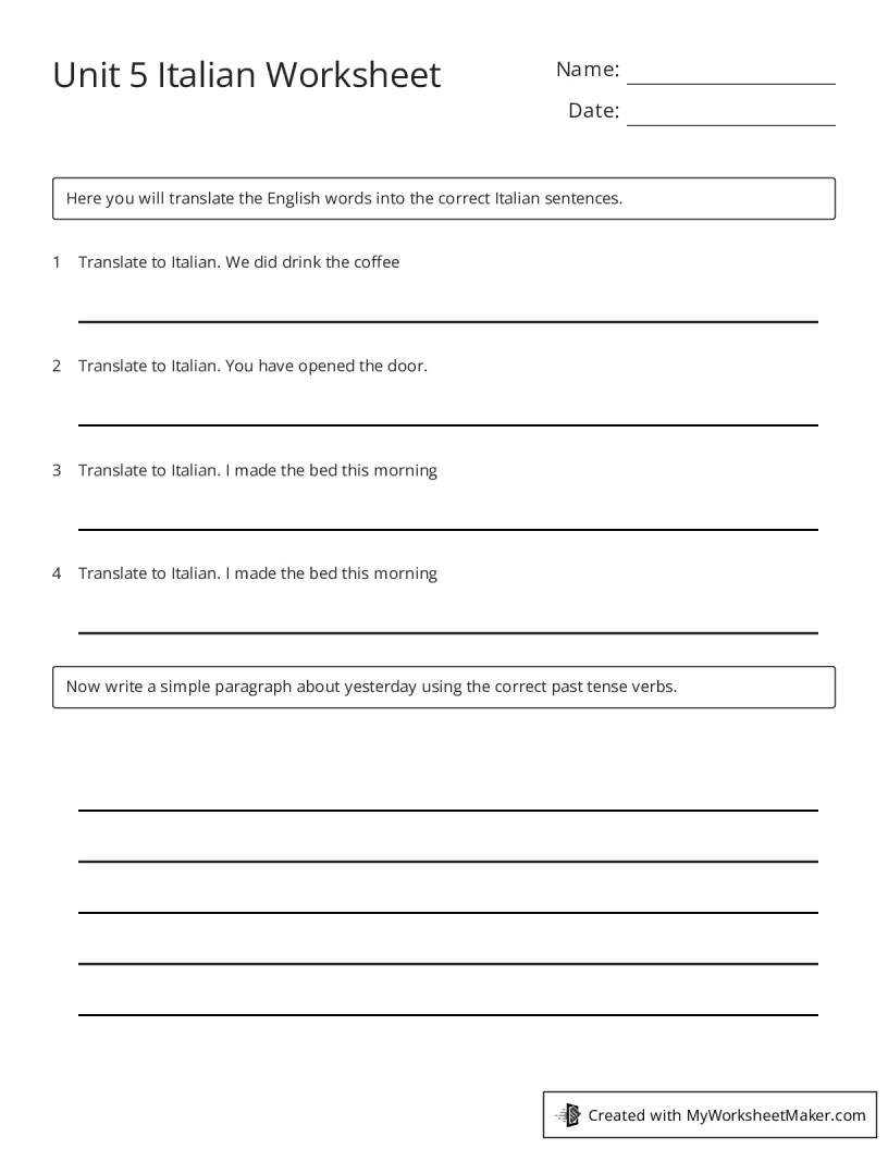 Unit 5 Italian Worksheet - My Worksheet Maker: Create Your Own Worksheets