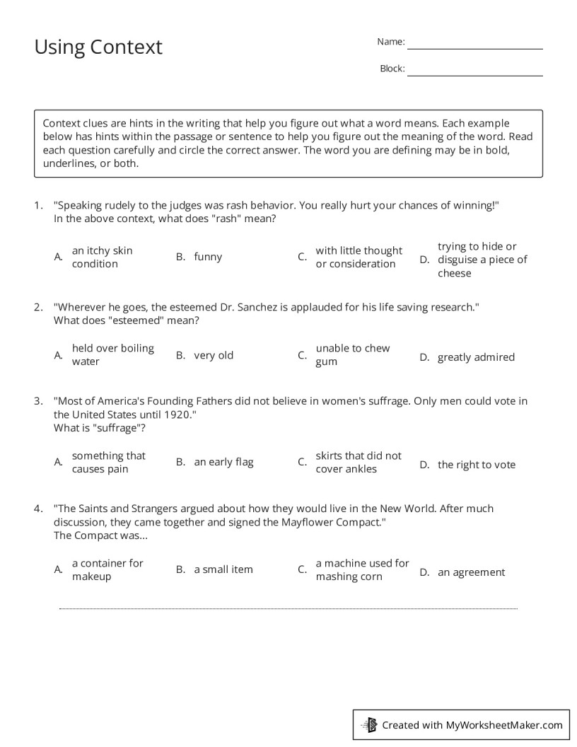 Using Context - My Worksheet Maker: Create Your Own Worksheets