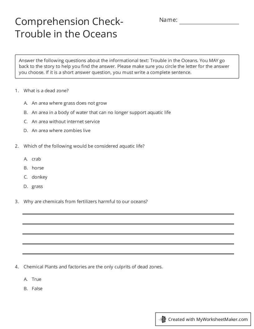 Comprehension Check-Trouble in the Oceans - My Worksheet Maker: Create ...