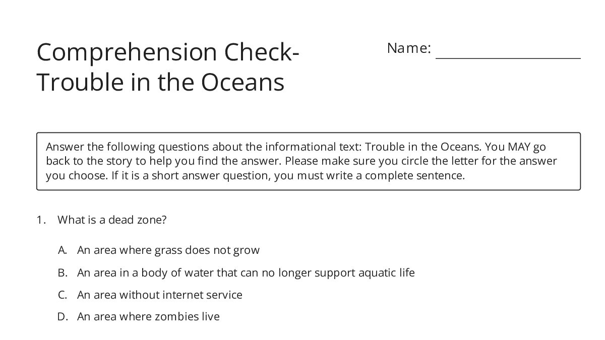 Comprehension Check- Trouble in the Oceans - My Worksheet Maker: Create ...
