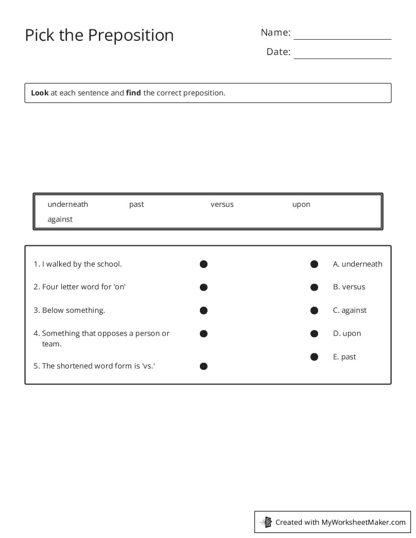 Pick the Preposition - My Worksheet Maker: Create Your Own Worksheets