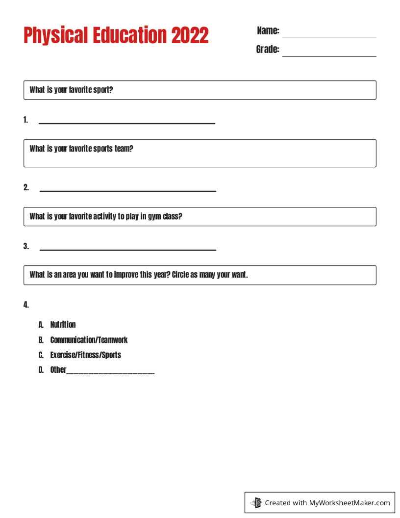 Physical Education 2022 - My Worksheet Maker: Create Your Own Worksheets
