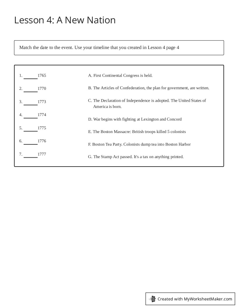 Lesson 4: A New Nation - My Worksheet Maker: Create Your Own Worksheets