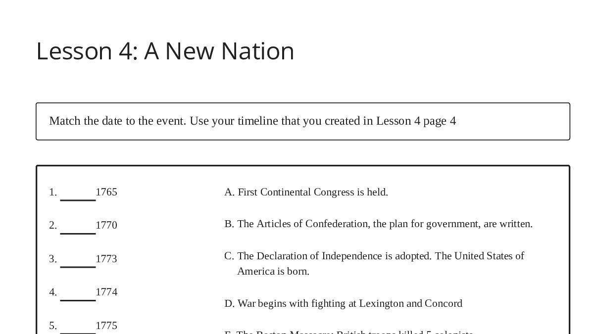 Lesson 4: A New Nation - My Worksheet Maker: Create Your Own Worksheets